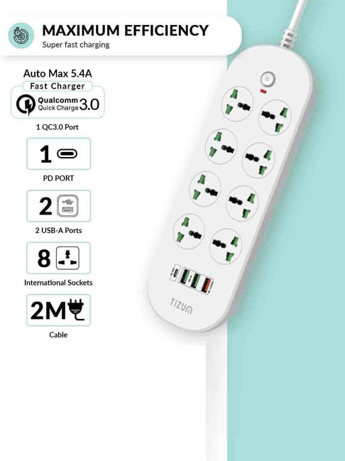 Buy Tizum Fast Charging Extension Board with USB Port, 8 Sockets Online ...