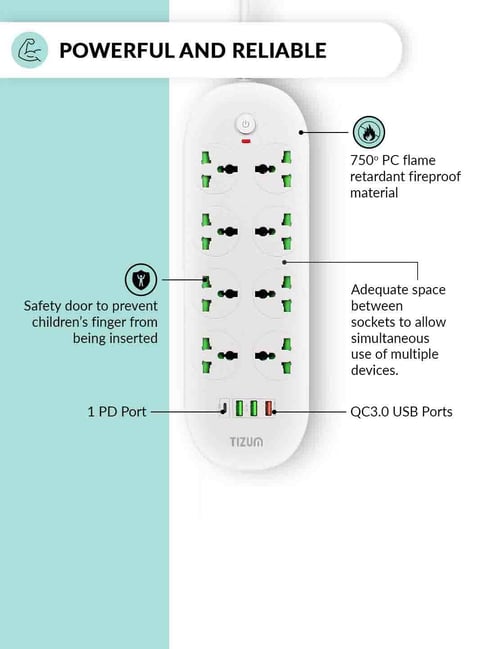 Buy Tizum Fast Charging Extension Board with USB Port, 8 Sockets Online ...