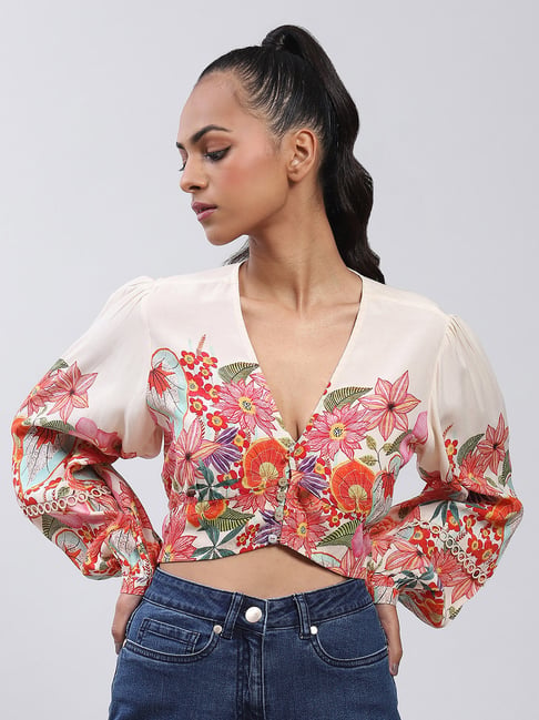 Buy Label Ritu Kumar Label Ritu Kumar Off White Floral Print Crop Top ...