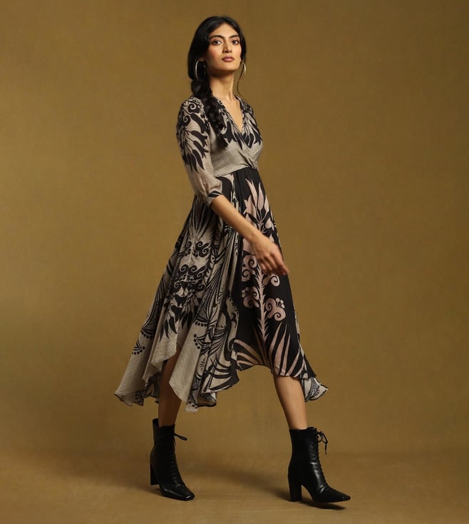 Buy Ritu Kumar Black Botanic Print Flared Midi Dress for Women Online ...