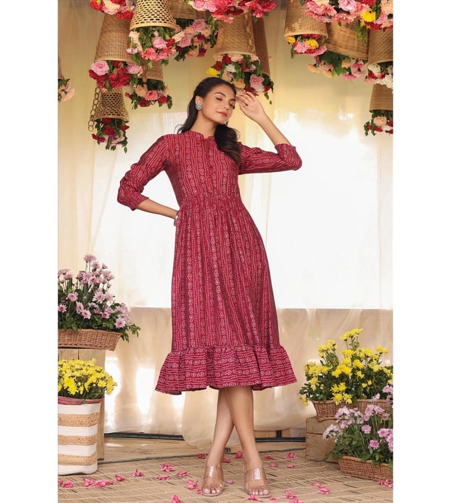 Buy Modal Bandhani Print Midi Flared Dress with Dori Tie-Up for Women ...