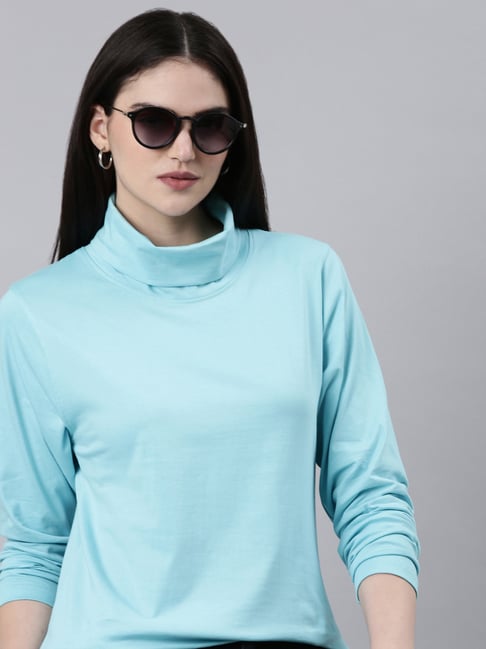 Kryptic Blue Cotton Turtle Neck Top