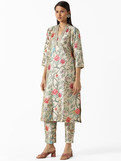 Vark by Westside Beige Floral Printed Kurta and Pants Set