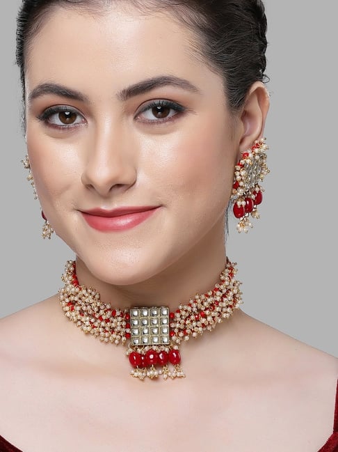 Red pearl choker necklace store