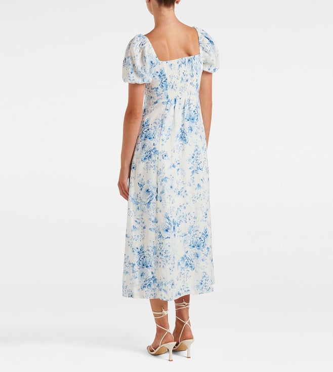 Buy Forever New White & Blue Printed Linen Midi Dress for Women Online ...