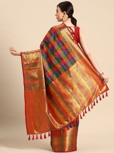 Silk Land Multicolor Check Saree With Unstitched Blouse
