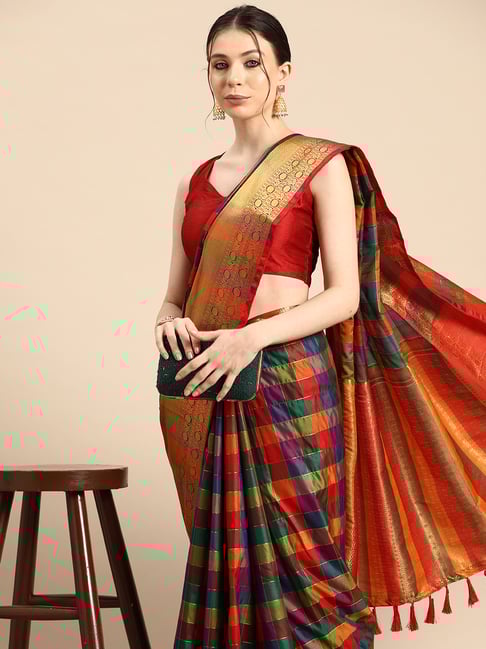 Silk Land Multicolor Check Saree With Unstitched Blouse