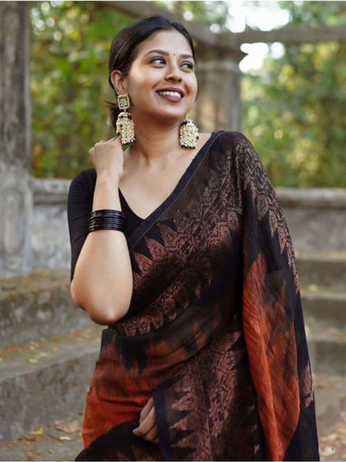 Women's Clothing Satrani Rust & Black Ethnic Wear Sarees and Lehenga Sets
