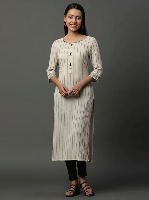 Buy Aurelia Beige Cotton Striped Straight Kurta for Women Online Tata CLiQ