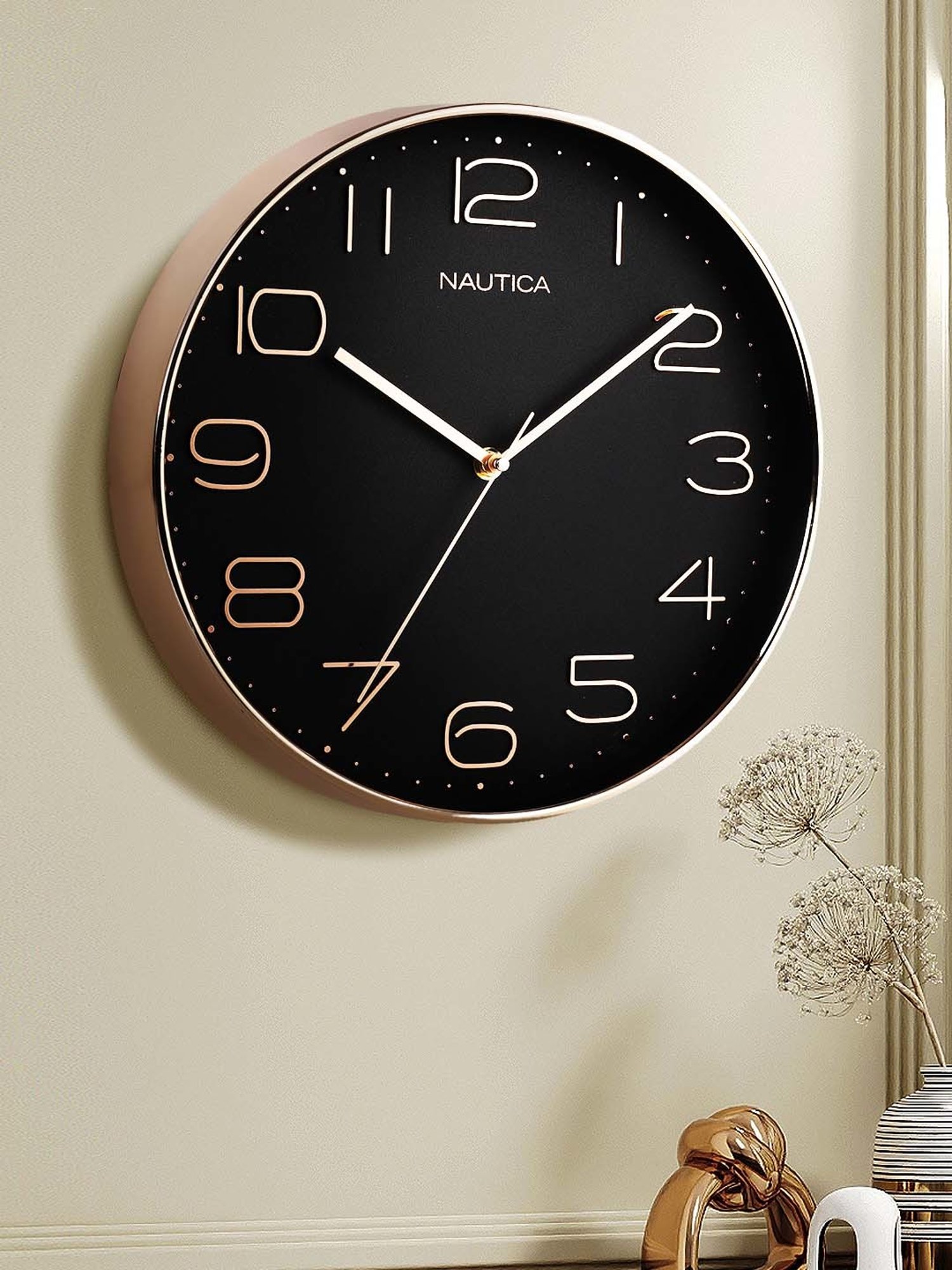 NAUTICA Black & Rosegold Plastic Modern Wall Clock With Quartz Silent ...