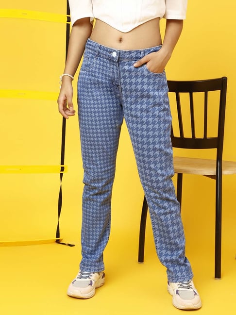 Girls Houndstooth Jeans High Waist Straight Jeans