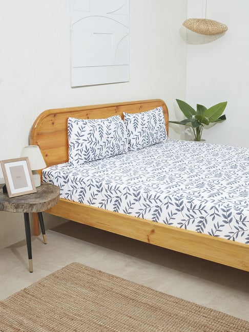 Westside Home Dusty Blue Leaf Design King Bed Flat Sheet Pillowcase