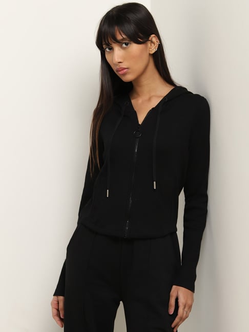 Studiofit by Westside Black Ribbed-Texture Cotton Blend Hooded Jacket