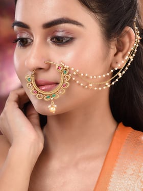 Saraf Rs Jewellery Gold Toned Pearl Beaded Kundan Studded Jodha Nose Ring With Chain