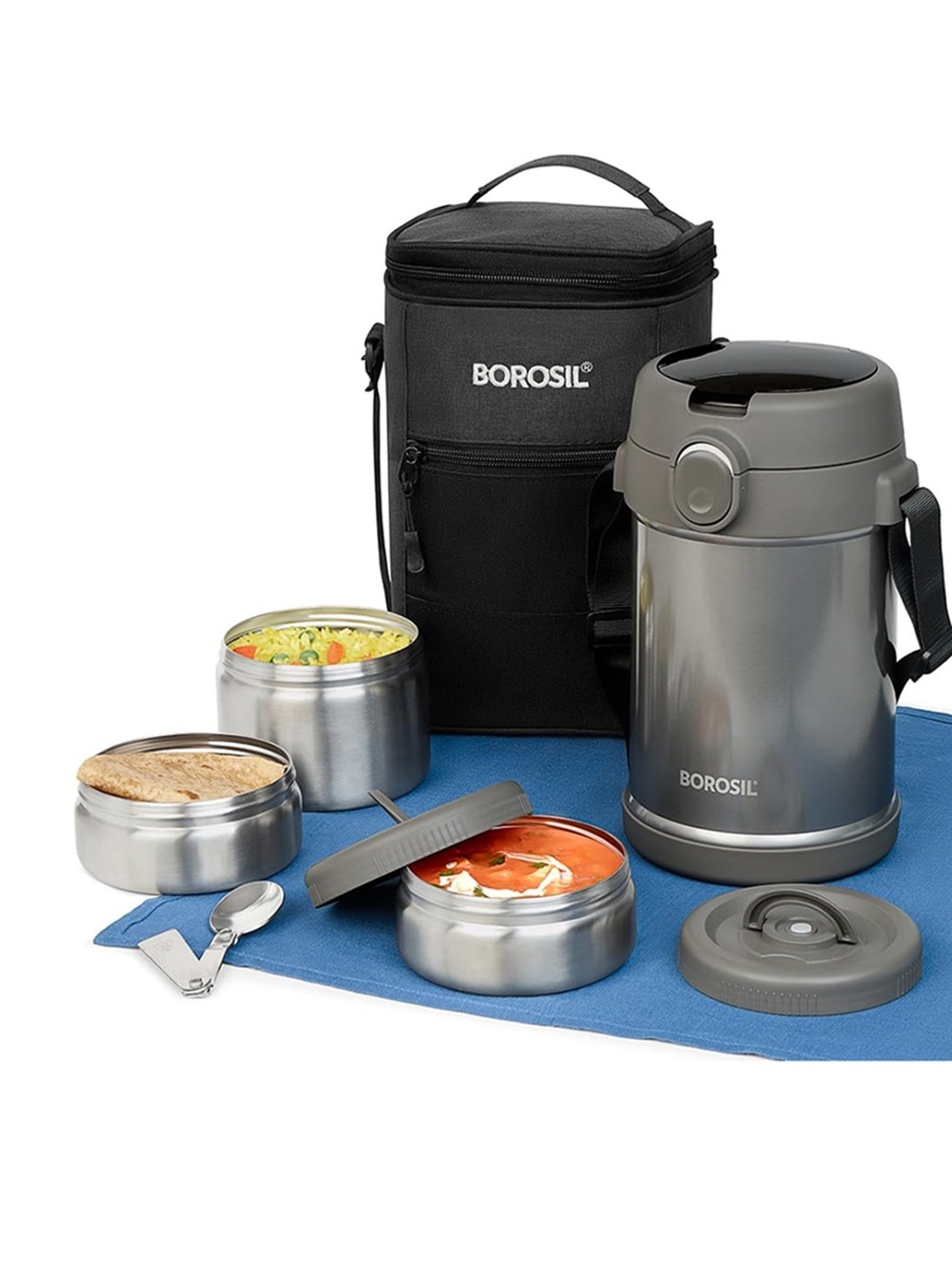 Borosil CarryMe Stainless Steel Lunch Box with Bag 2pc 320 ml and 1pc ...