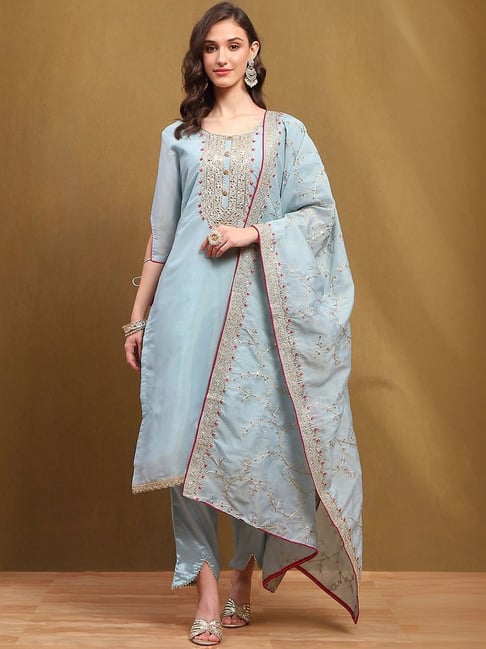 Biba Blue Embroidered Unstitched Suit Set