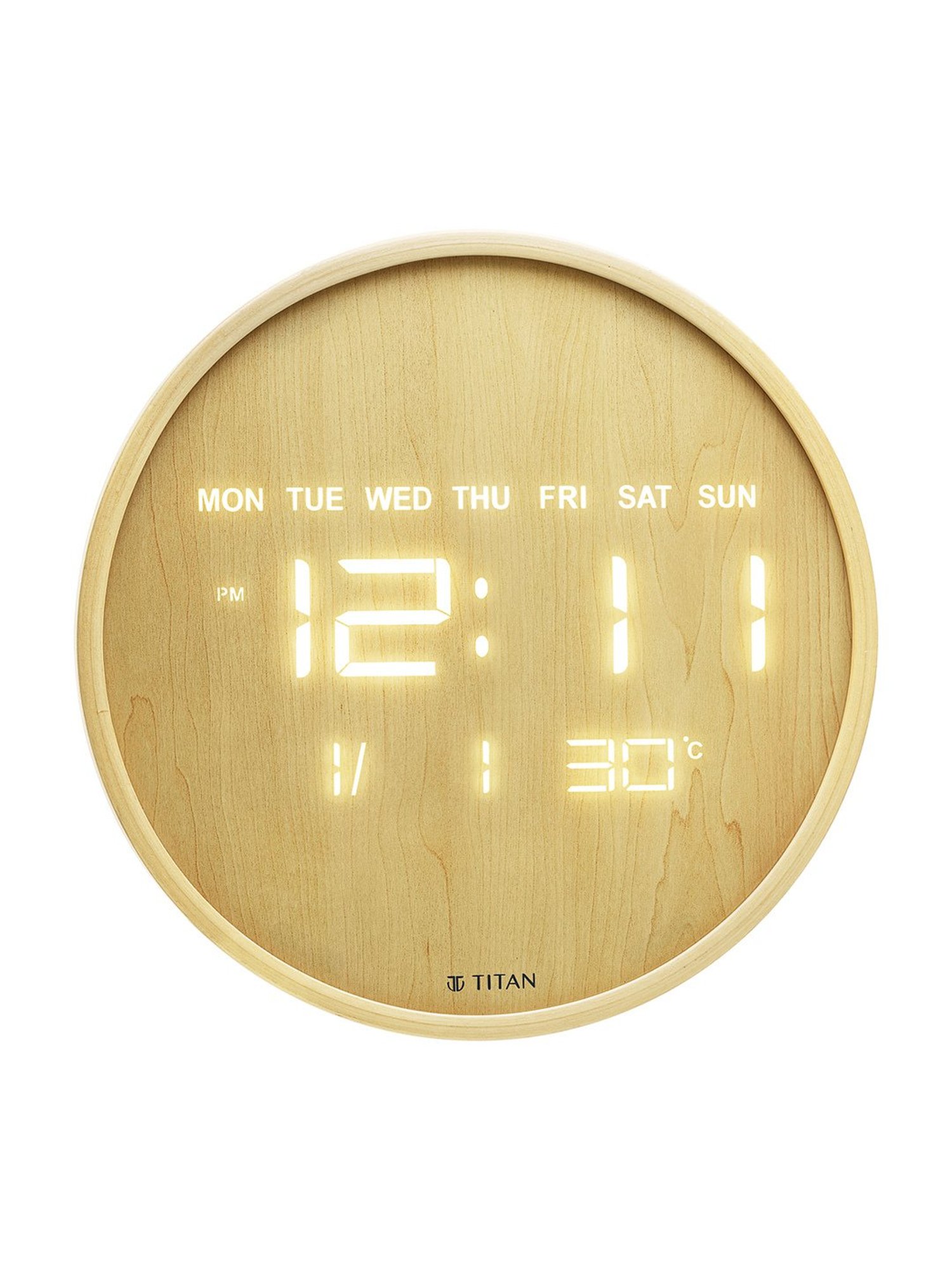 Titan W0082WD01 Wood-Grain Brown Round LED Digital Wall Clock