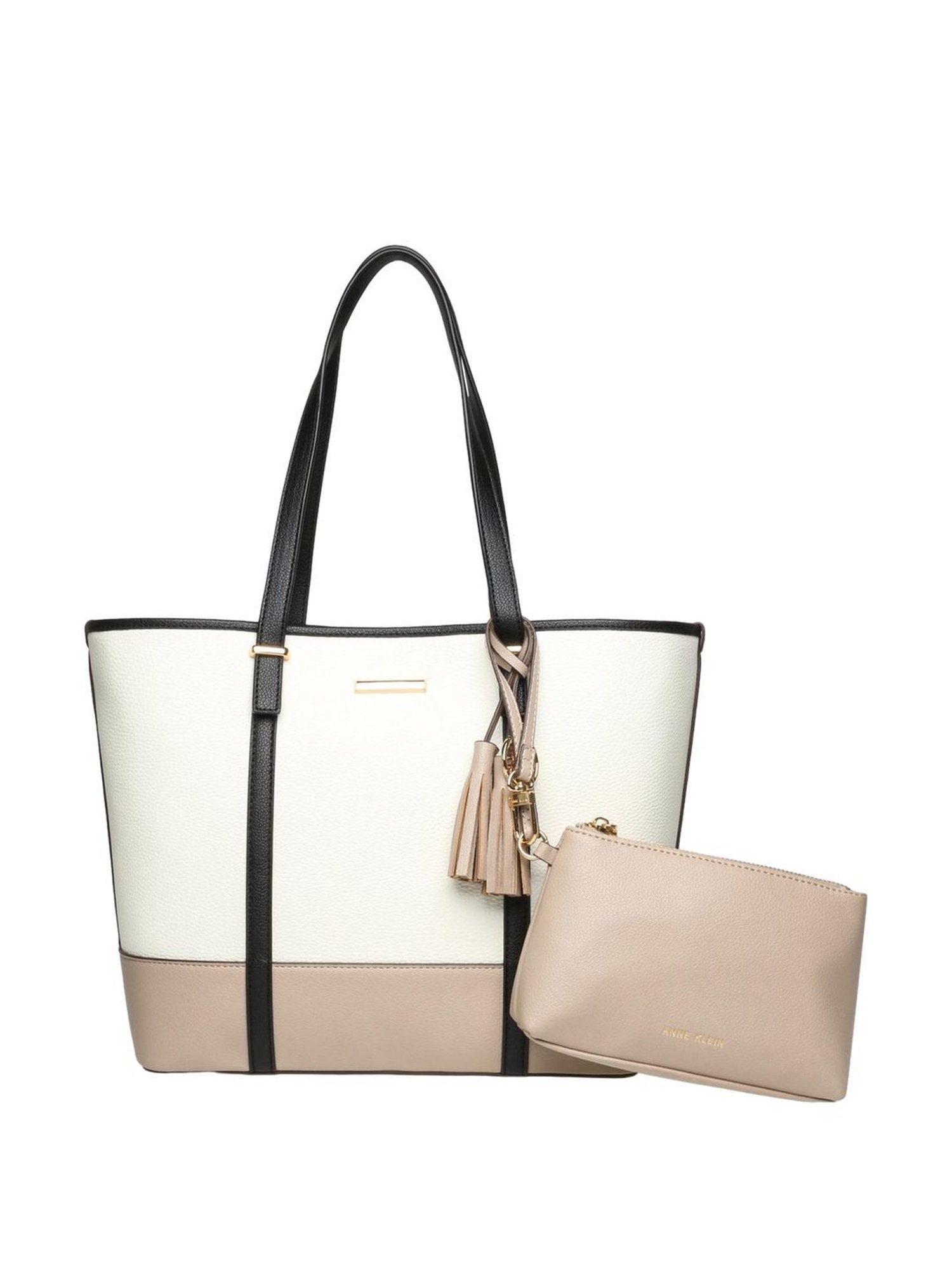 Anne Klein White & Beige Color Block Tote Handbag with Pouch