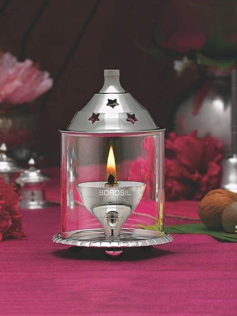Borosil Medium Size Akhand Diya Decorative Nickel Glass Oil Lamp Tea ...
