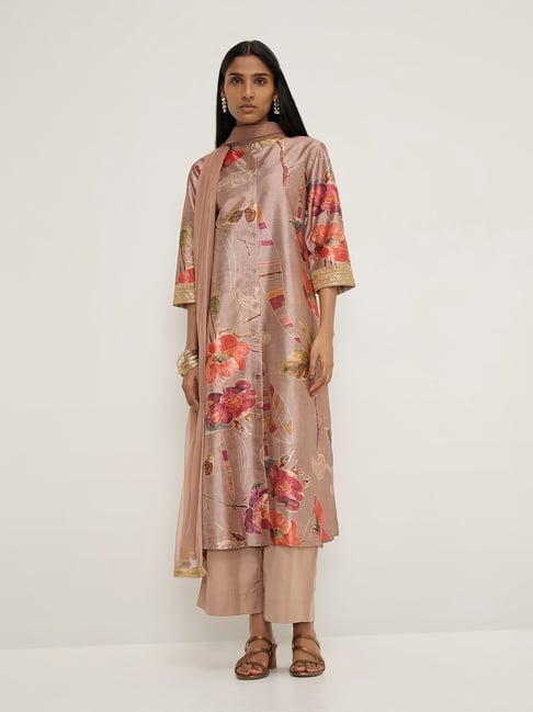 Vark by Westside Light Brown A-Line Kurta, Palazzos and Dupatta Set
