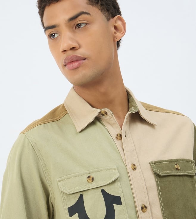 Buy True Religion Beige Pure Cotton Regular Fit Colorblock Shirt for ...