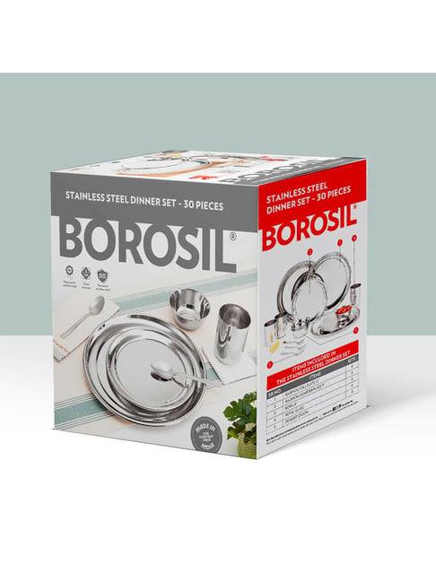 Borosil 30 pcs Stainless Steel Dinner Set of Family for 6 Glossy Finish ...