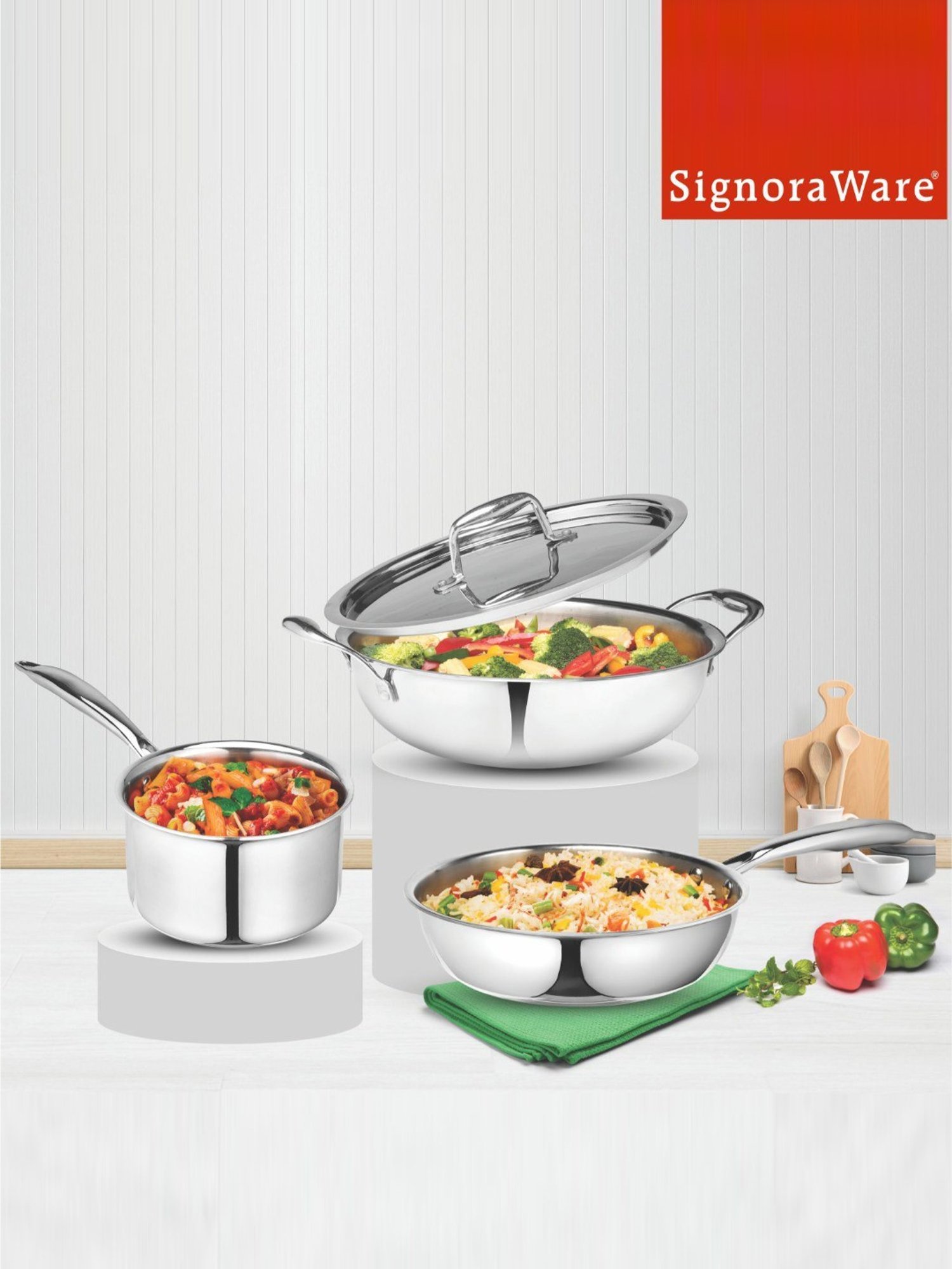 SignoraWare Silver Steel Cookware Set (2000 ml, 2400 ml, 3000 ml)