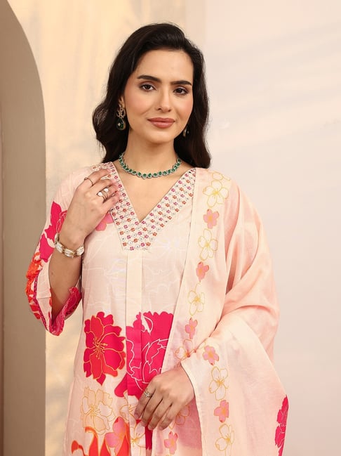 Women's Clothing Libas Ethnic Wear Peach Suits with Straight Fit