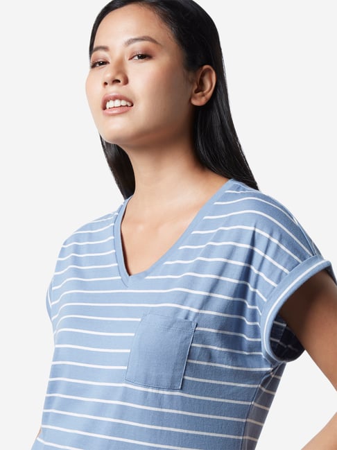 Buy Wunderlove by Westside Blue Striped Pure Cotton Nightdress Online ...