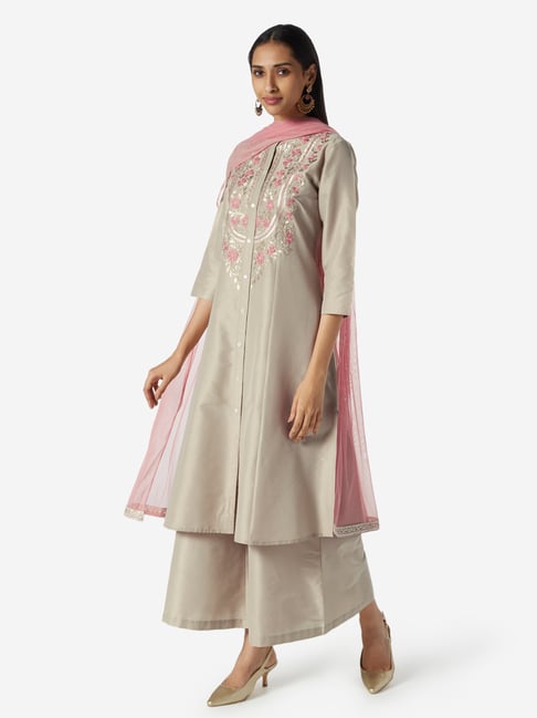 Buy Vark by Westside Beige A-Line Kurta, Palazzos And Dupatta Online at ...