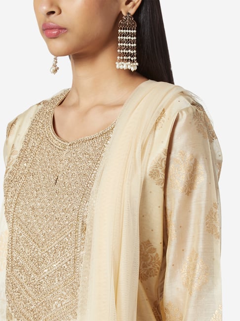 Buy Vark by Westside Beige A-Line Kurta, Palazzo And Dupatta Set for ...