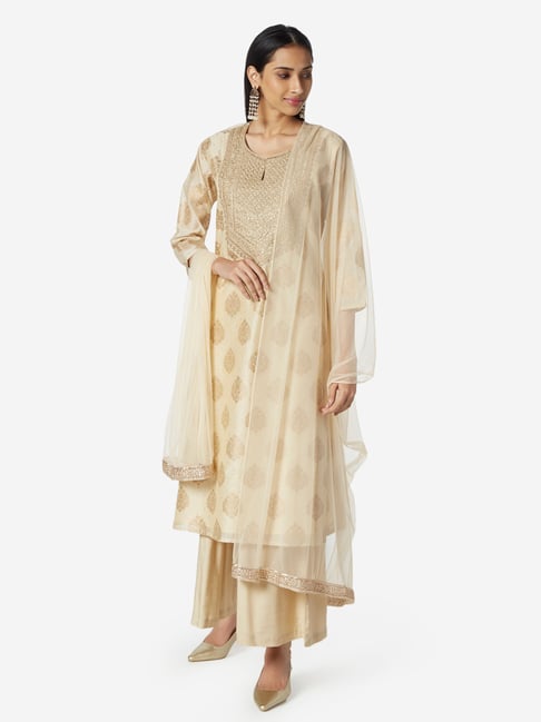 Buy Vark by Westside Beige A-Line Kurta, Palazzo And Dupatta Set for ...