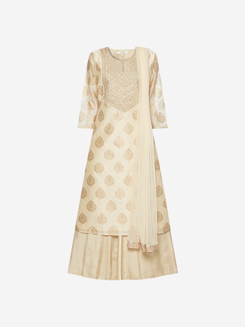 Buy Vark by Westside Beige A-Line Kurta, Palazzo And Dupatta Set for ...