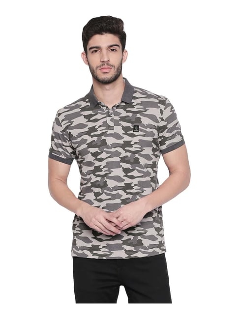 Mufti Grey Cotton Slim Fit Camouflage Polo T-Shirt-Mufti-Clothing-TATA CLIQ