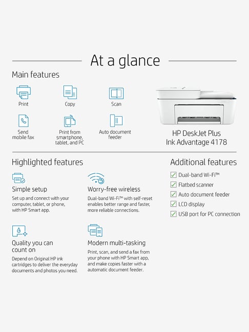Buy HP DeskJet 4178 All in One Wireless Ink Advantage Printer with ADF ...