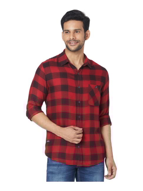 Mufti Red \u0026 Black Slim Fit Checks Shirt