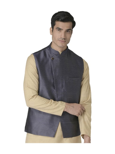 Buy Tabard Tabard Navy Mandarin Collar Regular Fit Nehru Jacket at Redfynd