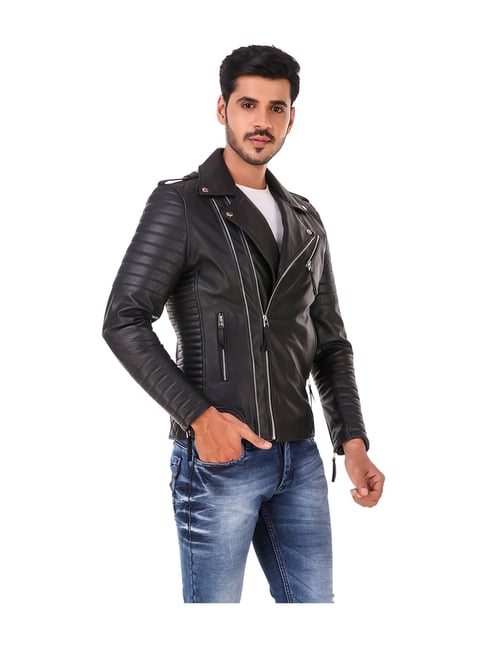 Buy Leather Retail Black Solid Regular Fit Jacket for Men Online @ Tata ...