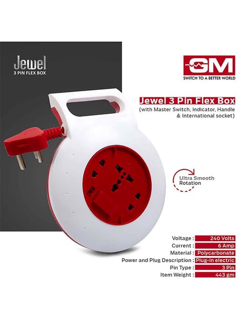 Buy GM 3046 Jewel 3 Pin Flex Box 4m Extension Cord (White and Red ...