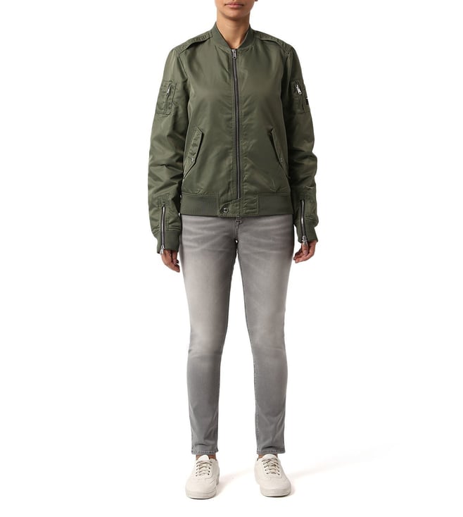 Buy Replay Army Green Solid Regular Fit Bomber Jacket for Women Online ...