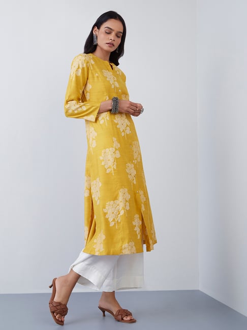 Buy Zuba by Westside Mustard Floral Print A-Line Kurta for Online ...