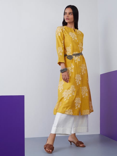 Buy Zuba by Westside Mustard Floral Print A-Line Kurta for Online ...