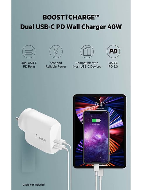 Buy Belkin Dual USB-C 40W Pd Wall Charger (White) Online At Best Price ...