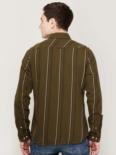 Buy Forca by Lifestyle Olive Cotton Regular Fit Striped Shirts for Mens ...