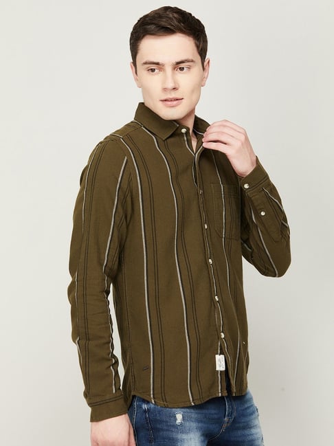 Buy Forca by Lifestyle Olive Cotton Regular Fit Striped Shirts for Mens ...