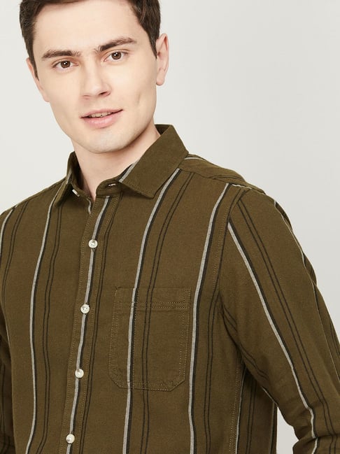 Buy Forca by Lifestyle Olive Cotton Regular Fit Striped Shirts for Mens ...
